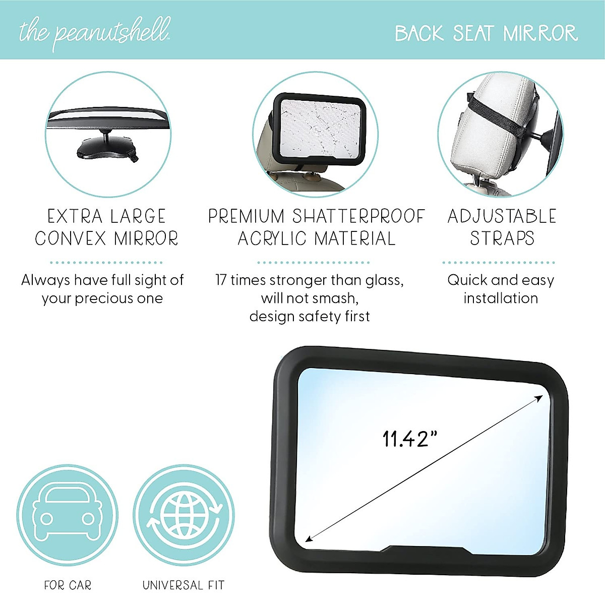 The Peanutshell Back Seat Mirror – Premium Shatterproof Acrylic Baby Mirror for Car, Wide Angle 360 Degrees Fully Adjustable and Easy to Install Baby Travel Essential, Mirror for Car Seat Rear Facing
