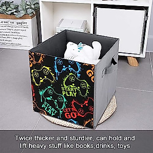DamTma Video Game Storage Cubes Bin Fabric Foldable Joystick Gamepad Neon Storage Box Organizer Storage Boxes with Handles for Clothing Toys Game Controller Storage 11x11x11 Inch