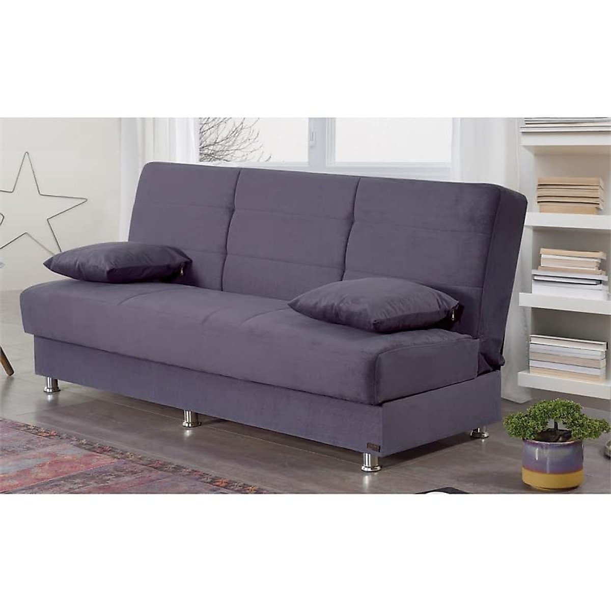 BEYAN Ramsey Collection Armless Modern Convertible Sofa Bed with Storage Space, Includes 2 Pillows, Gray