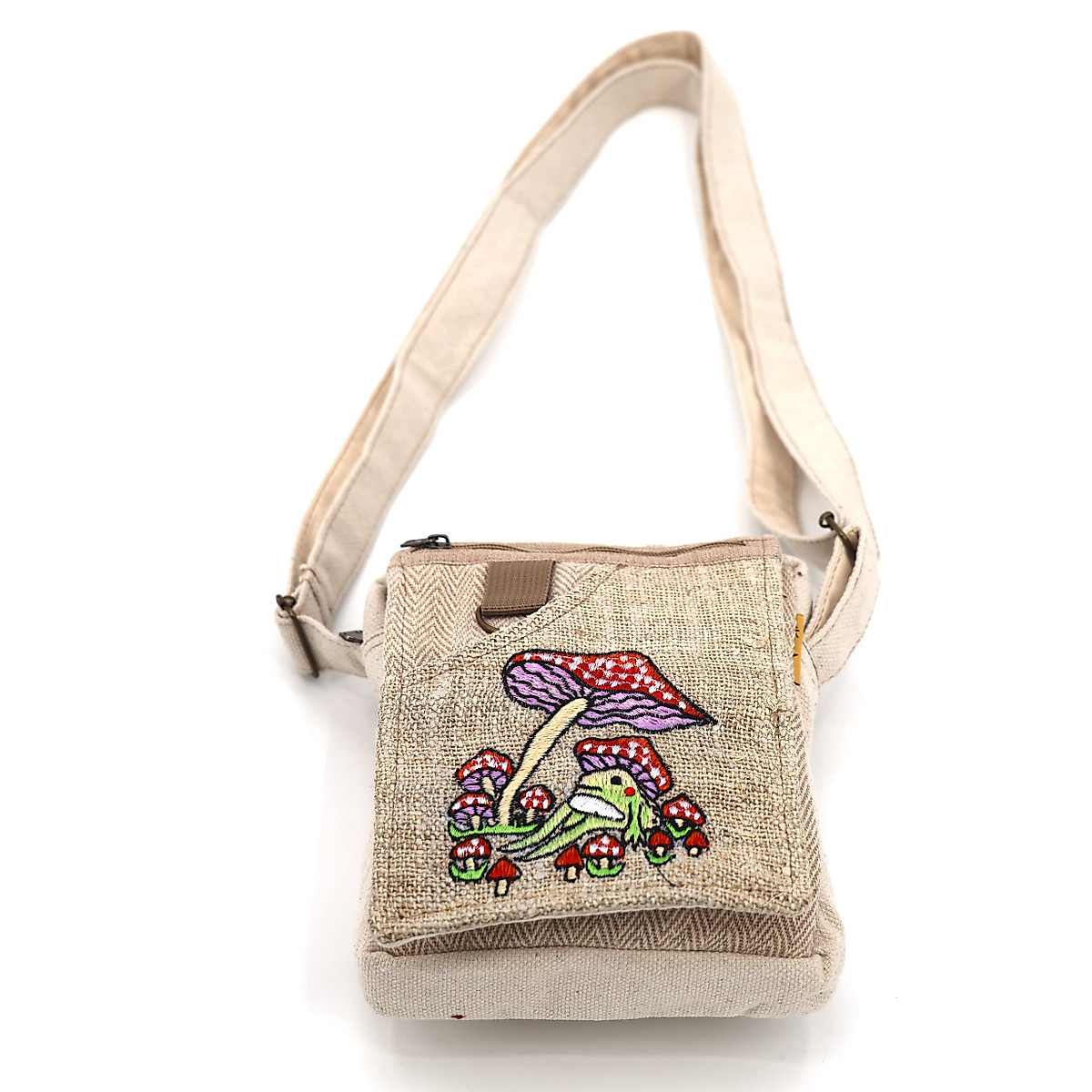Unique design Mushroom Embroidery Hemp Hobo Passport crossbody bag Festival Travel Bag 100% Himalaya Hemp FAIR TRADE MADE Handmade with Love., Natural White