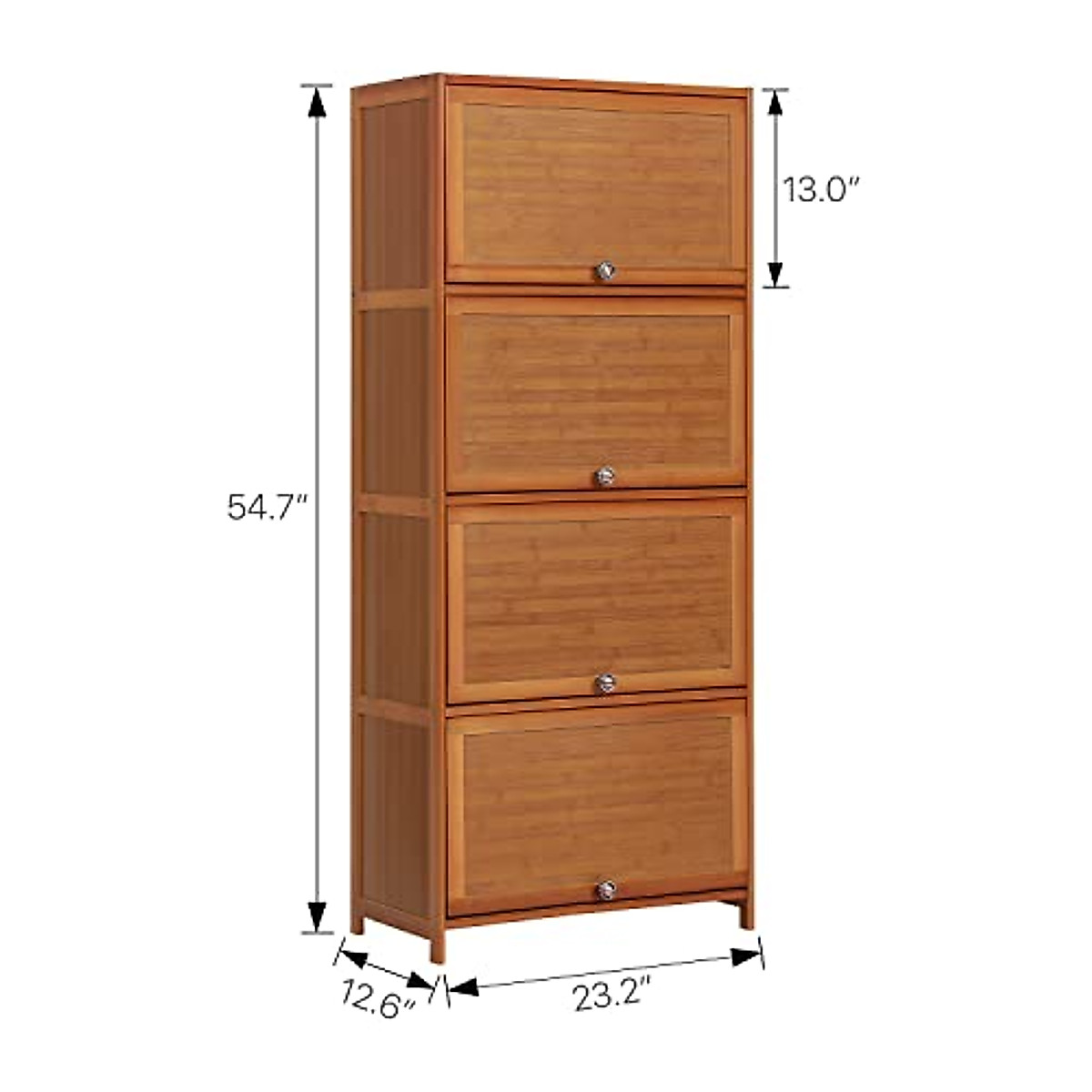 MoNiBloom Tall Book Storage Cabinet with Doors, 4 Tier Bamboo Free Standing Book Shelf Organizer Stand for Children's Student, Hallway, Home Office, Brown