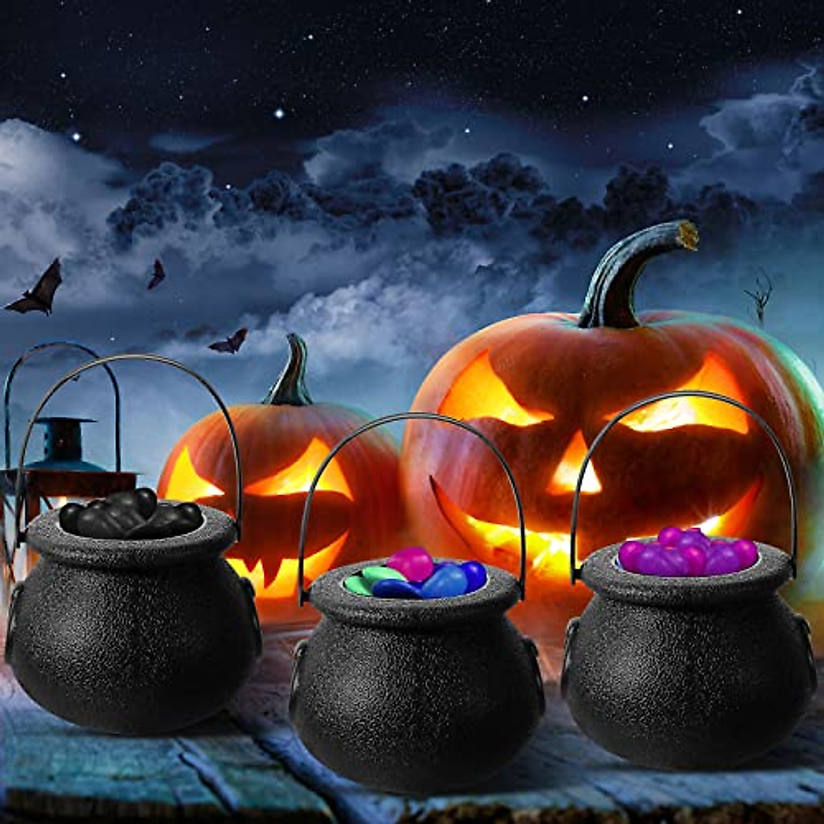 Sawysine 40 Pcs Halloween Plastic Cauldron Mini Black Witches Cauldron with Handle Halloween Candy Bucket Small Cauldron Pot