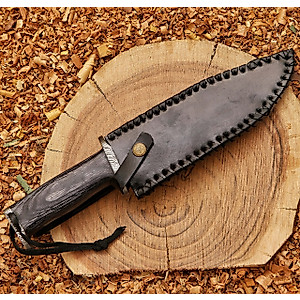 HK Handmade 13″Hunting Bowie Knife,Forged Damascus Bushcraft knife,knives for men with gray pakkawood Handle & leather sheath,damascus knife best for Outdoor & Indoor Camping,Survival,Skinning