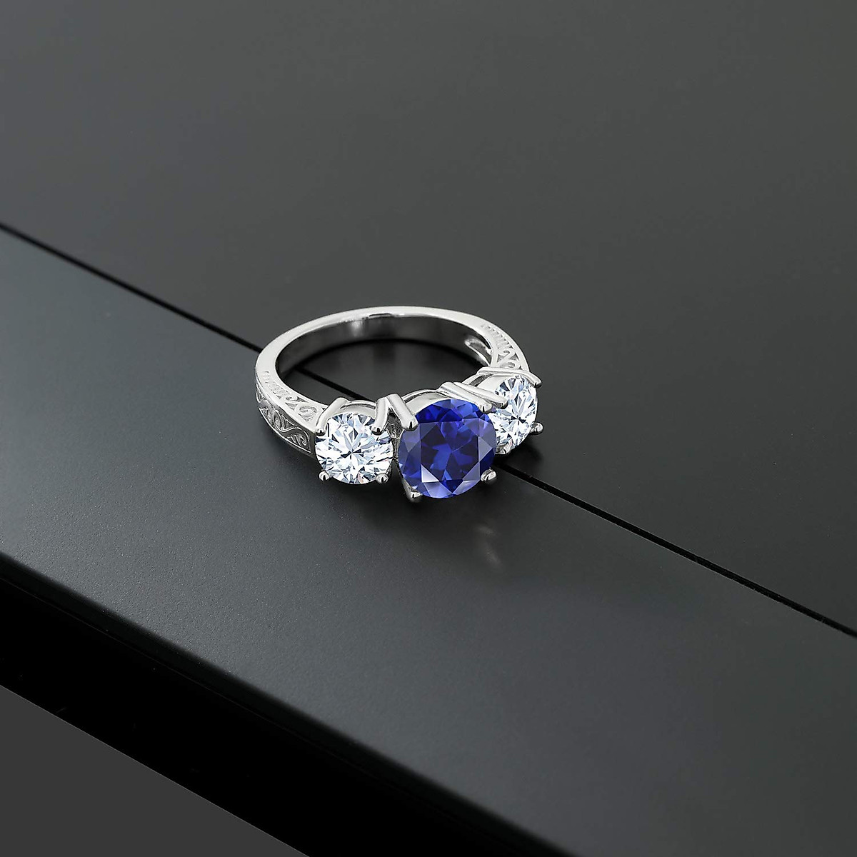 Gem Stone King 4.50 Cttw Blue Created Sapphire and White Created Sapphire 3-Stone Ring For Women In 925 Sterling Silver | Round 8MM and 6MM | Available in size 5, 6, 7, 8, 9