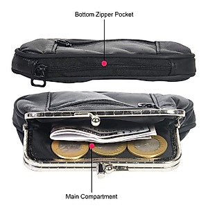 Women's Leather Metal Frame Double Clasp Zipper Coin Purse 5 1/4" x 3 1/4" (Black)