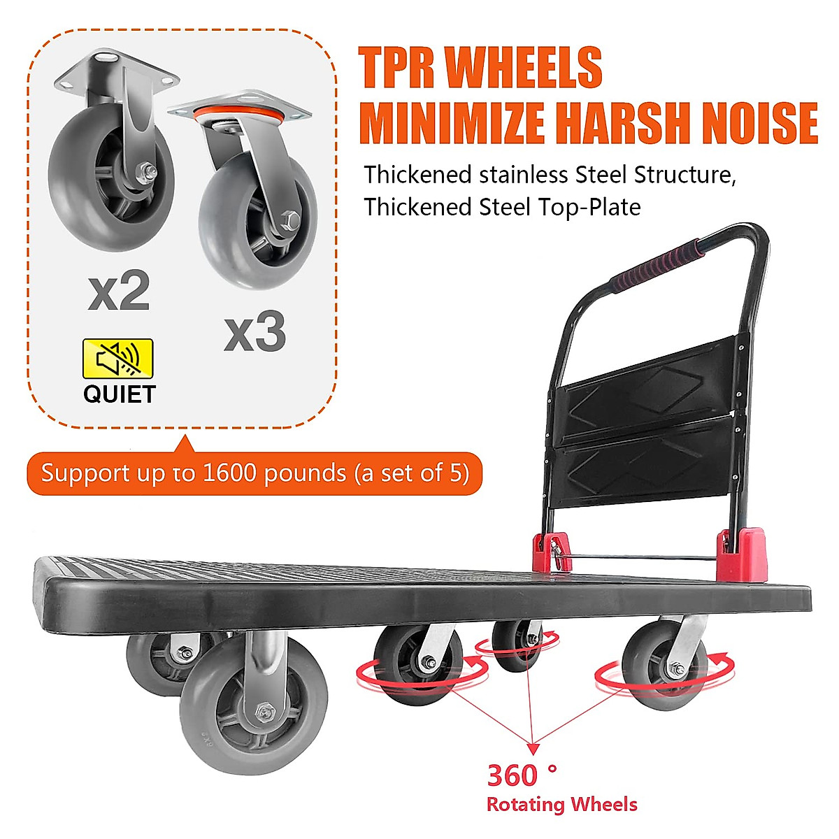 Platform Truck Cart, Foldable Push Cart Dolly w/Five 360° Swivel 6'' Wheels, 1600LBS Capacity Heavy Duty Moving Platform Trucks Hand Cart for Groceries, Garage, Warehouse (43" L x25 W)