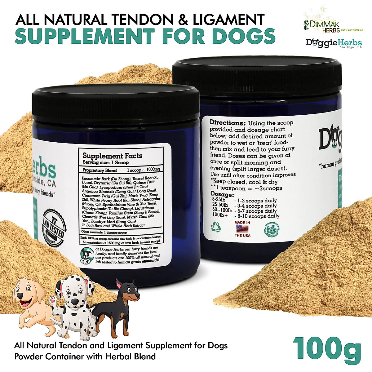 Dog Ligament and Tendon Healing - All Natural Human Grade Dog Tendon and Ligament Supplement – Powder Herbal Blend – 100g by Doggie Herbs