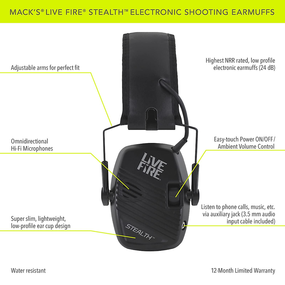 Mack's Live Fire Stealth Electronic Shooting Earmuffs for Hunting, Tactical, Target, Skeet and Trap Shooting