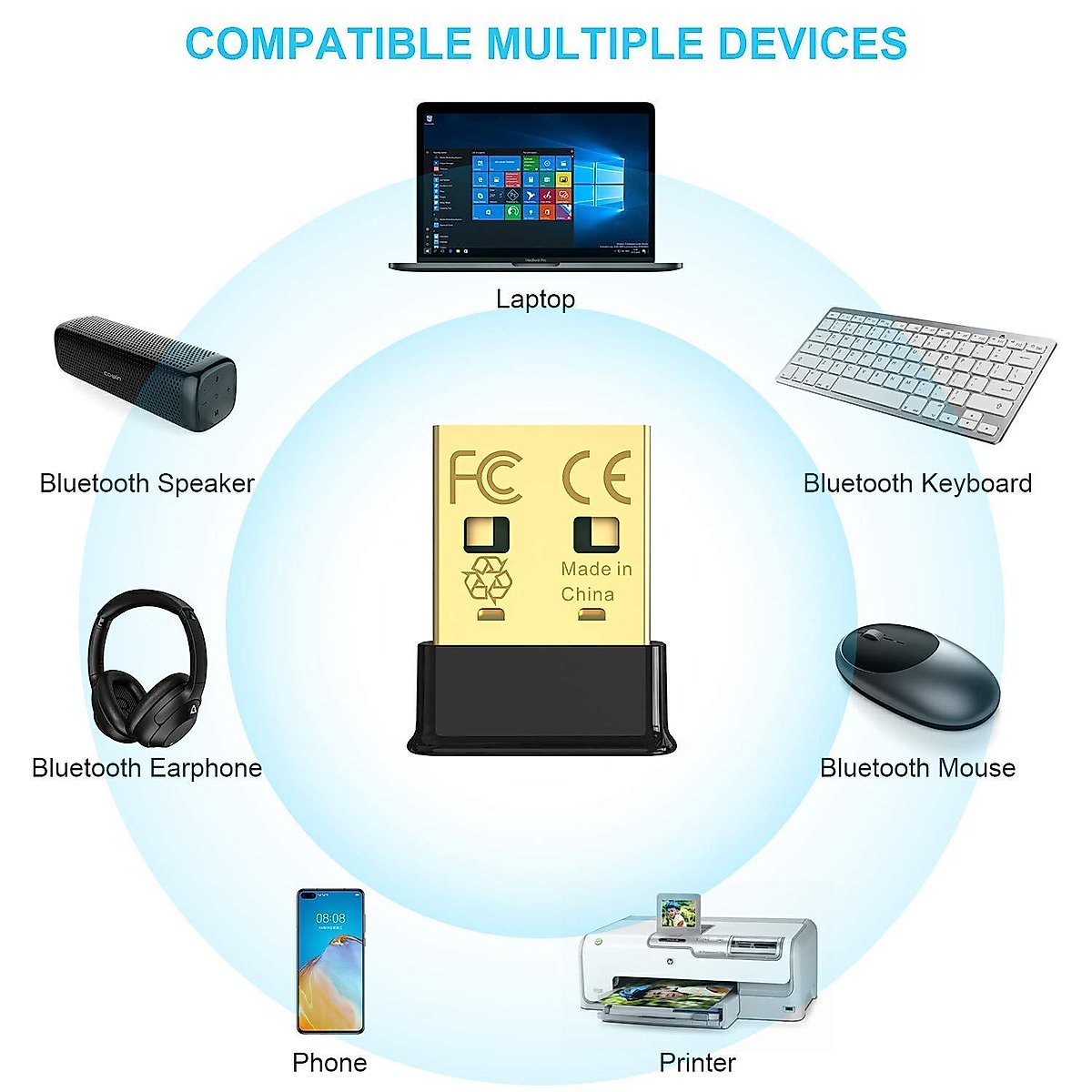 1Mii Bluetooth Adapter for PC, USB Bluetooth Dongle Adapter 5.0 + EDR, for Windows10/8/7 Desktop Laptop to Bluetooth Keyboard, Mouse, Printer, Headphones, Speakers