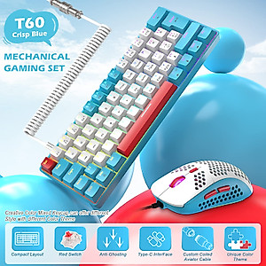 ZIYOU LANG RK-T60 Wired Mechanical Gaming Keyboard and Mouse Combo Mini Portable with Rainbow Backlit 62Key NKRO 6400DPI RGB Honeycomb Mice Coiled Aviator C Cable for PS4/PC/WIN Gamer(Blue/Red Switch)
