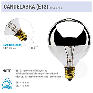 KOR (6 Pack) G16 1/2/SL Incandescent Light Bulb, Silver Half Chrome Crown with Mirror Finish, Dimmable, 120 Volts, G16 Lamp Shape, Candelabra Base, E12 Base, 1500 Hours Rated. (40 Watt (6 Pack))