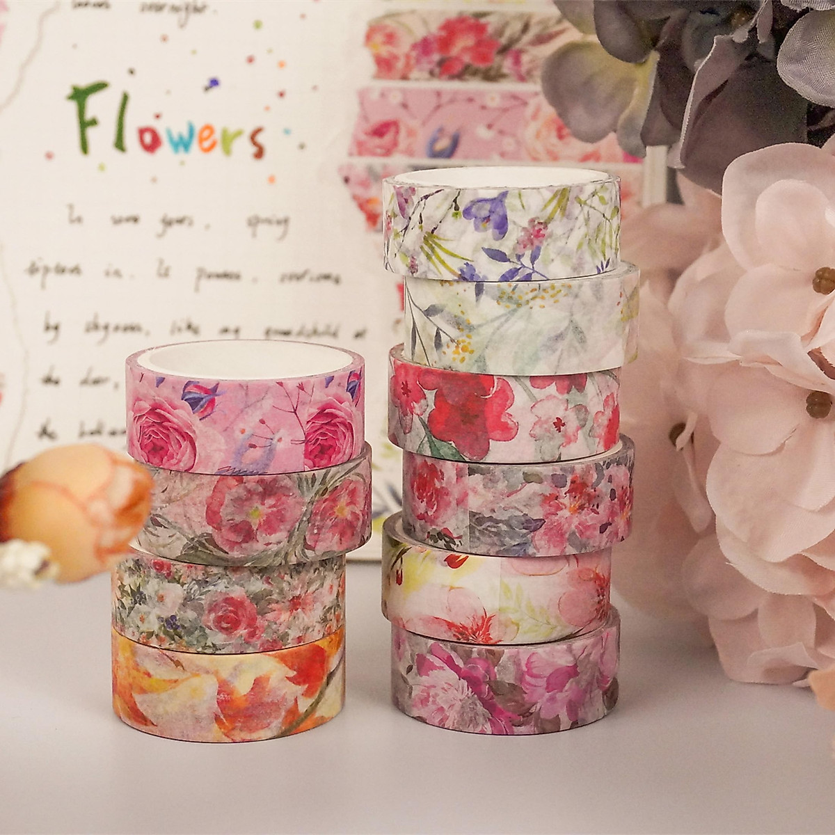 YUBBAEX 10 Rolls Spring Flowers Washi Tape Set Masking Decorative Tapes (Warm Tone)