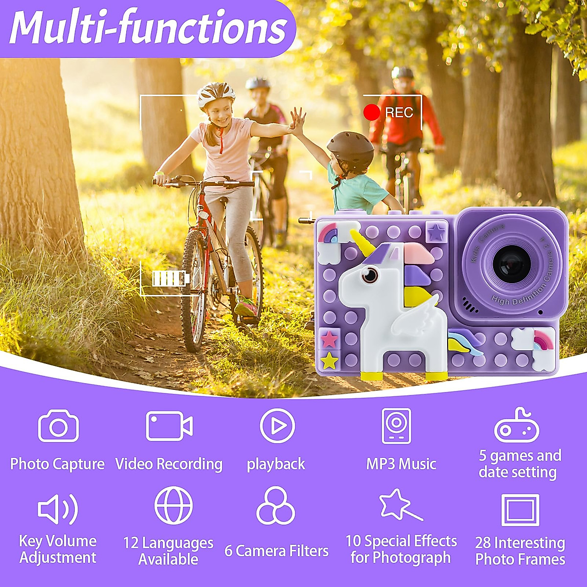 Kids Camera for Boys and Girls, Children Digital Video Toy Camera with Unicorn Silicone Building Blocks, Selfie Camera for Kids, Christmas Birthday Festival Gifts for Age above 6 with 32GB SD Card