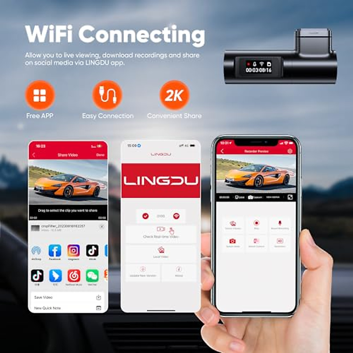 LINGDU D100 Smart Dash Cam Front for Cars, 2.5K Dash Cam with WiFi GPS, Car Camera with 0.96" LCD Display, Voice Control, Night Vision, WDR, Parking Mode, Loop Recording, G-Sensor, 150° Wide Angle