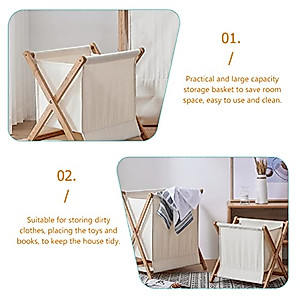 generic Laundry Basket Collapsible Bamboo Laundry Hamper with Cloth Bag - Freestanding X-Frame Clothes Hamper Organizer Household Storage Basket for Clothes Toys - Beige, 18x5x2 Inch