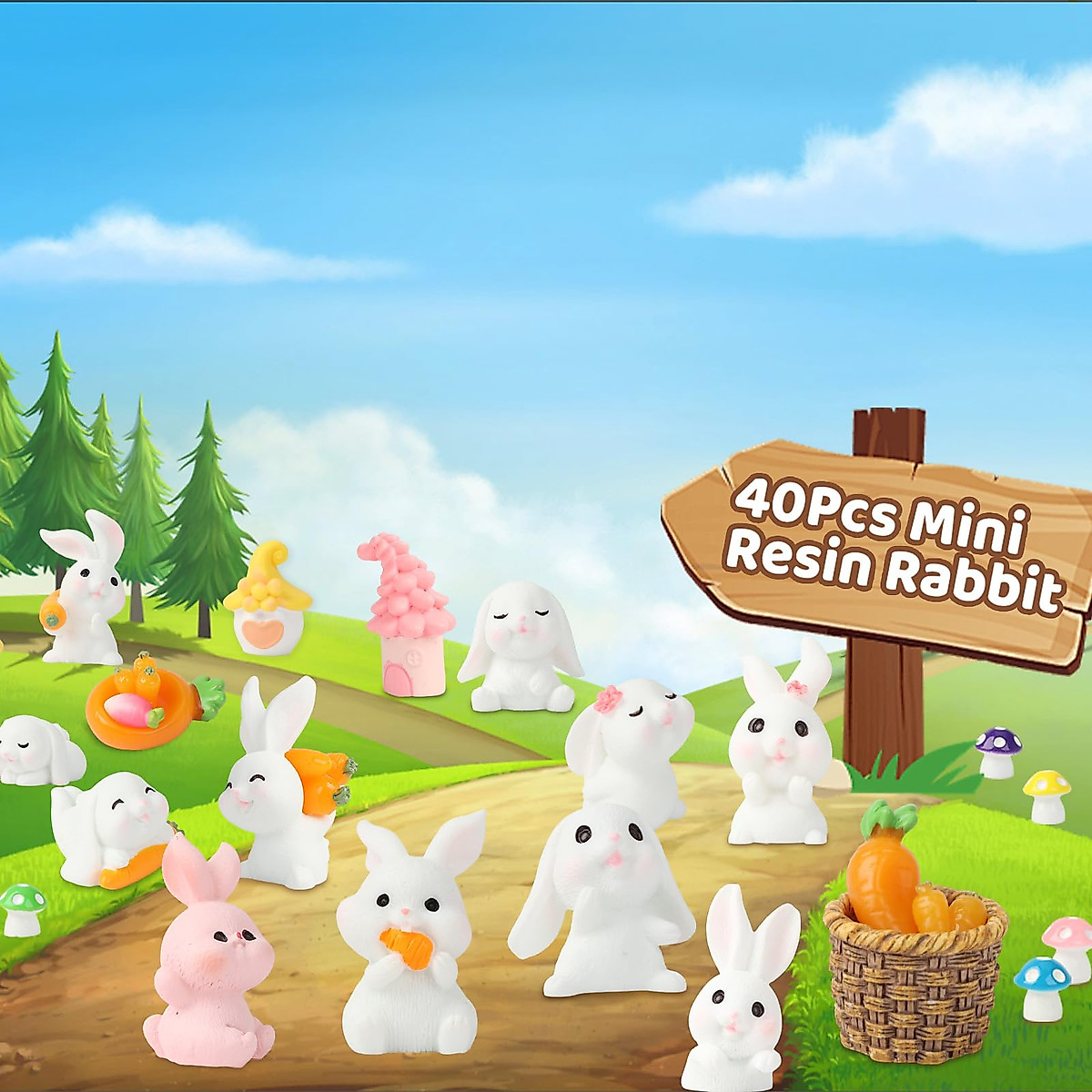 40pcs Mini Resin Animals Tiny Easter Bunny Figures to Hide - Bulk Animal Figurines for Easter Basket Stuffers Egg Fillers Easter Decorations Dollhouse Fairy Garden Accessories, Funny Easter Gifts