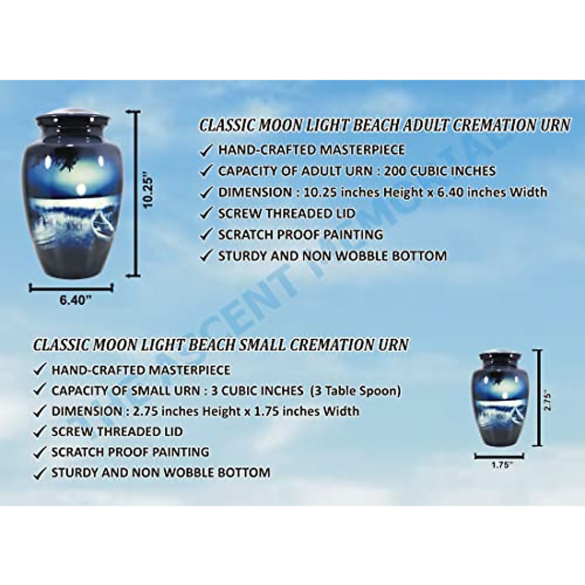 THE ASCENT MEMORIAL Urns for Human Ashes Adult Male Female | Handcrafted Large Handcrafted Funeral Cremation Urns | Complimentary Mini Keepsake Token | Velvet Carry Bags for Keepsake and Urn