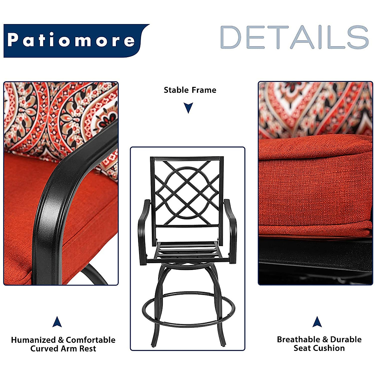 Patiomore Patio Swivel Bar Stools, Outdoor Bar Height Bistro Chairs Set of 2, Metal Iron Frame with Seat Cushions, Red