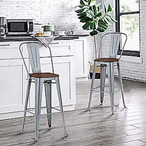 PHI VILLA Metal Patio Bar Stools Set of 4, 30 inches Counter Height Stools with Wooden Seat and High Back, Industrial Style Bar Chairs for Indoor & Outdoor, Pub, Kitchen Island - Matte Grey