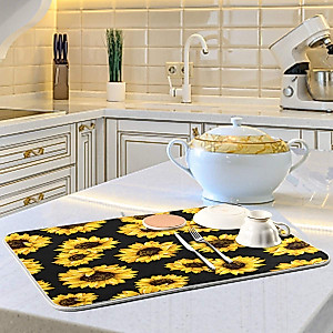 Sunflower Black Dish Drying Mat for Kitchen, Absorbent Microfiber Drying Pad Dish Mat, 16" X 18"