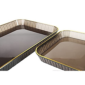 Non-Slip Rectangular+Square Plastic Serving Tray Coffee Table Trays (12x7/6 Inch ) with Gold Border for Kitchen Coffee Table Decor Storage Accessories(Brown)