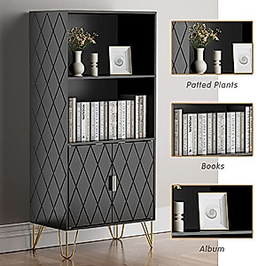 Anbuy Black Open Shelf Bookcase with Doors, Floor Standing Display Cabinet Rack with Gold Legs, Wooden Bookshelf for Home Decor Furniture for Home, Office, Living Room, Bedroom