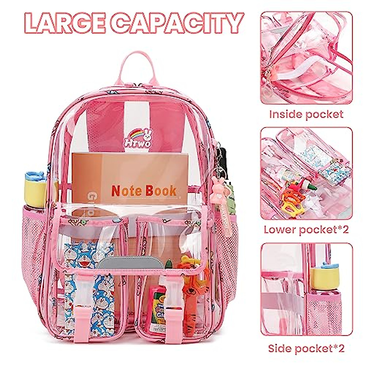 HTWO Clear Backpack for Girls Stadium Approved, PVC Backpacks Suitable for Elementary School, passed CPSC and With Pendant. (Pink)