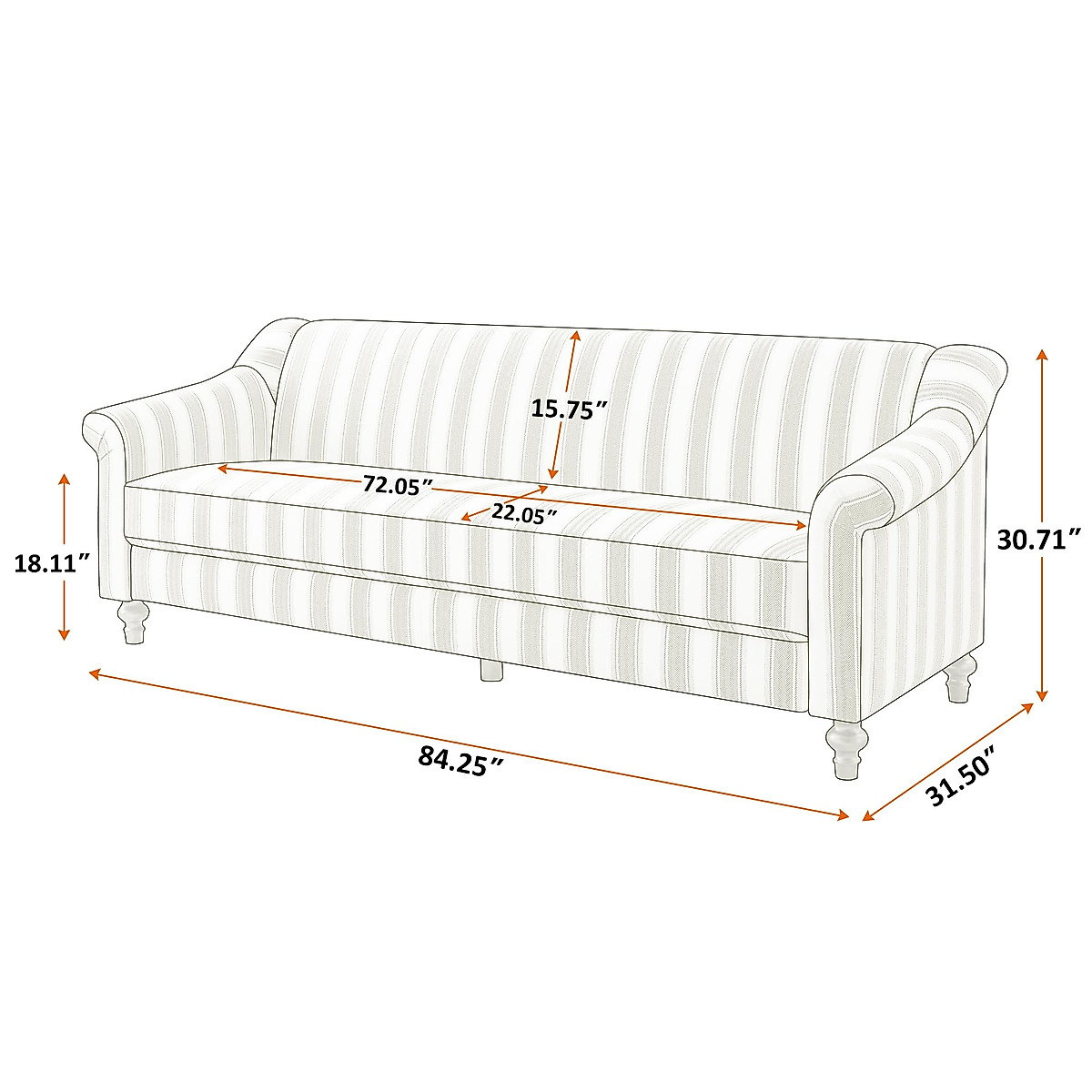 VANOMi 84.25'' Upholstered Sofa with Stripe Pattern, Mid-Century Modern Striped Fabric 3-seat Couch for Living Room, Bedroom, Office, Apartment