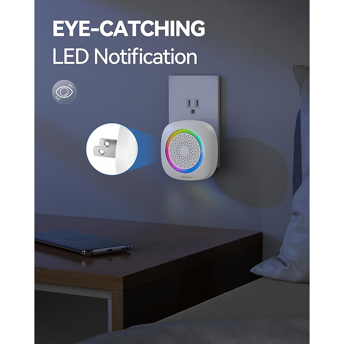 TECKNET Wireless Doorbell, Plug and Play, IP66 Waterproof Doorbell with RGB Light, 1300ft Door bell Kit, 60 Chimes & 5 Level Volume, 4.5 Years Using Time Cordless Doorbell for Classroom, Home