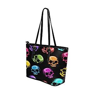 InterestPrint Cute Multicolored Human Skulls Women Tote Bags Top Handle Satchel Handbags PU Faux Leather Tassel Shoulder Purse