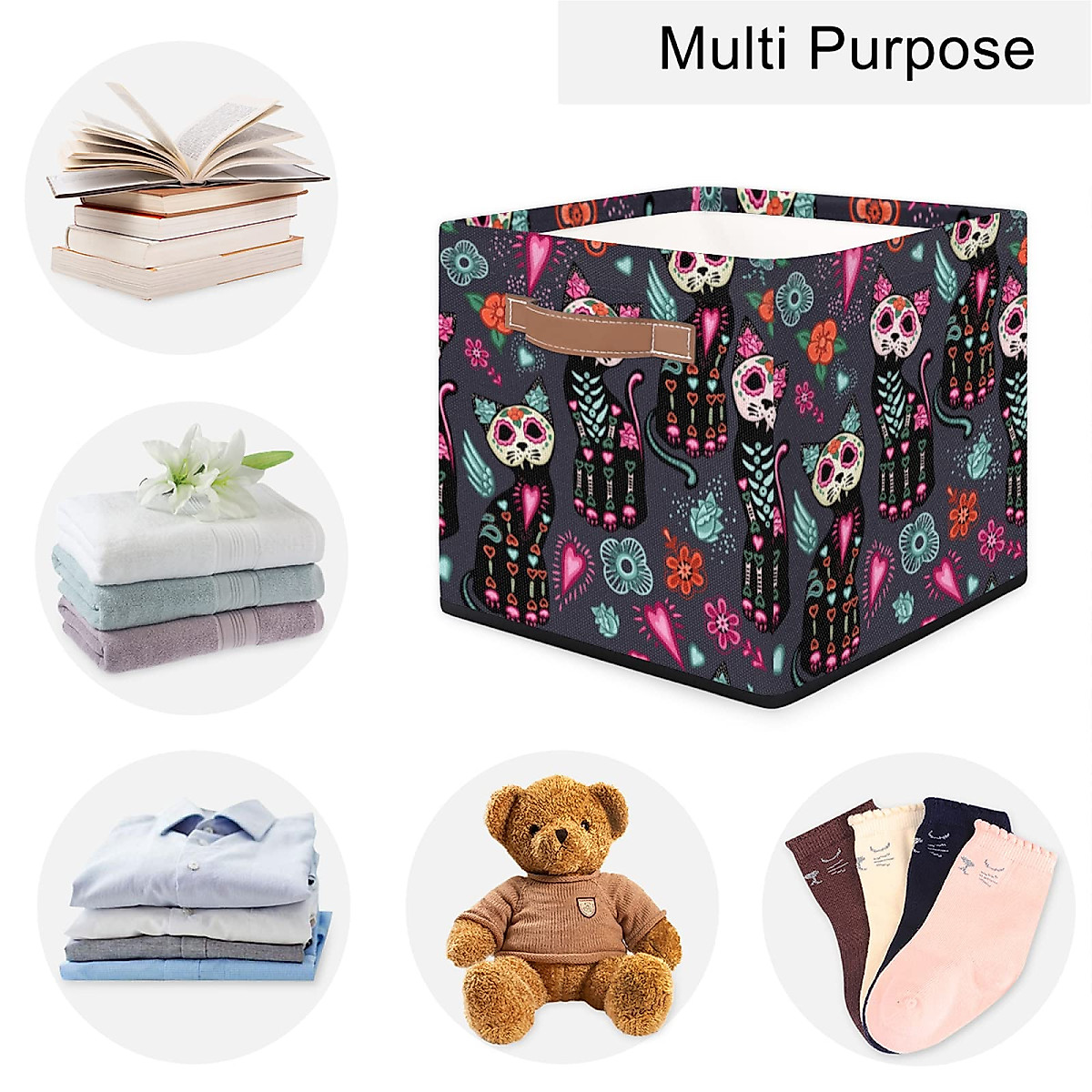 Storage Cube Bin Day Of The Dead Cats Halloween Flowers Large Storage Cube Basket 13×13In, Collapsible Storage Bin with Handles, Fabric Storage Box for Closet Shelves Nursery Toys Home Organization