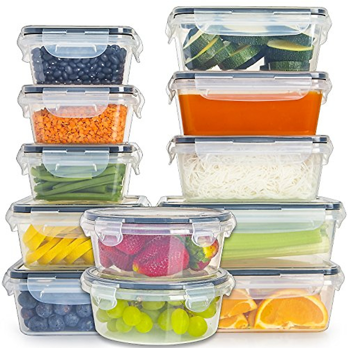 fullstar (12 Pack Food Storage Containers with Lids - Black Plastic Food Containers with Lids - Plastic Containers with Lids - Airtight Leak Proof Easy Snap Lock and BPA-Free Plastic Container Set