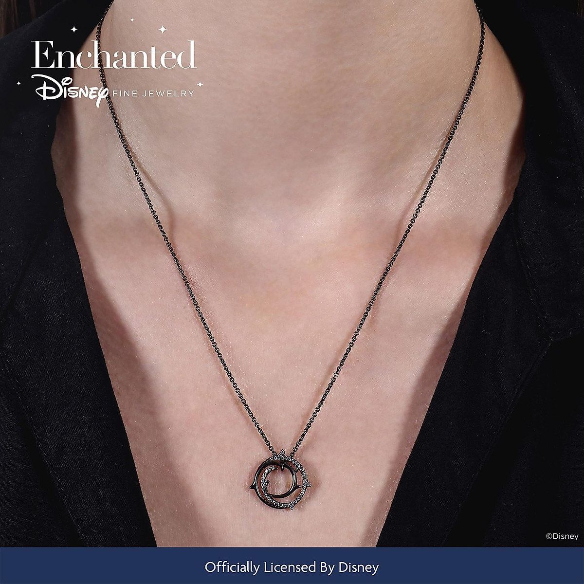 Jewelili Enchanted Disney Fine Jewelry Sterling Silver with Black Rhodium 1/10 Cttw Diamond Maleficent Pendant