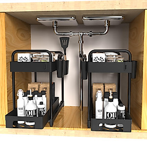 Botion 2 Pack Double-Layer Under Sink Organizer for Efficiently Utilizing Space, High Capacity and Space Saving, 2 Tier Sliding Under Sink Shelf with 4 Hooks and a Cup Slot(Black)