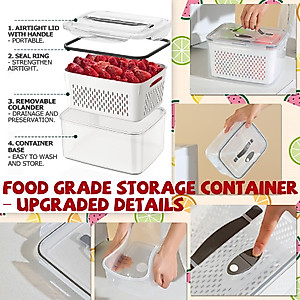 3 PCS Fruit Storage Containers for Fridge with Removable Colander | BPA Free Airtight Food Storage Containers with Lids & Handle | Keep Produce Refresh Longer | Small & M Size - Totally 22 cup