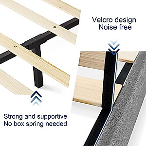 Molblly Queen Bed Frame Upholstered Platform with Headboard, Strong Frame and Wooden Slats Support, Linen Fabric Wrap, Non-Slip and Noise-Free,No Box Spring Needed, Easy Assembly, Light Grey