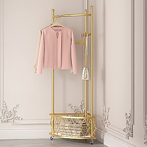 FLRH Metal Corner Coat Rack, Corner Hall Tree with Storage Basket, Freestanding Clothes Rack Organizer for Entryway, Living Room, Bedroom, Home, Office (Gold)