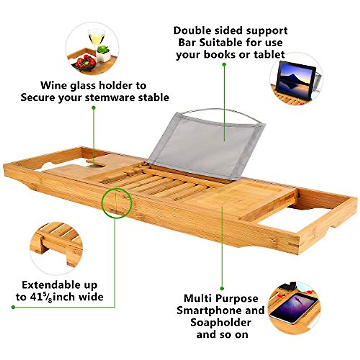 Bathtub Tray Bamboo Bathtub Caddy Tray with Extending Sides Adjustable Book Holder with Premium Luxury Tray Organizer for Phone and Wineglass (Wooden)