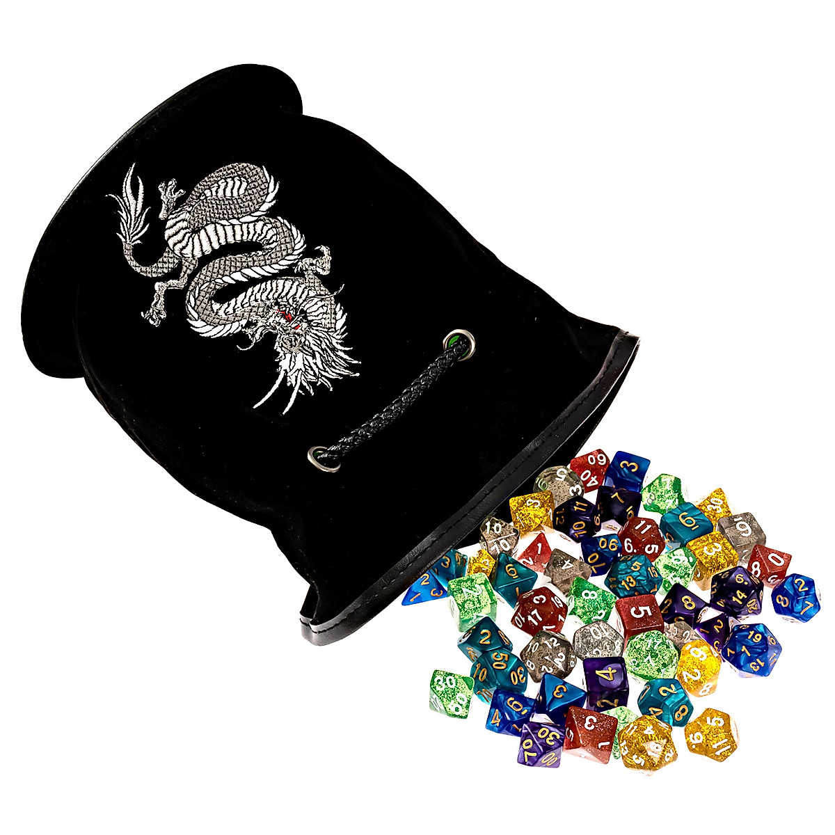 Large Dice Bag with 7 Complete Dice Sets | Dragon DND Dice Bag and 49 Polyhedral Dice | Black Dice Bag with Pockets
