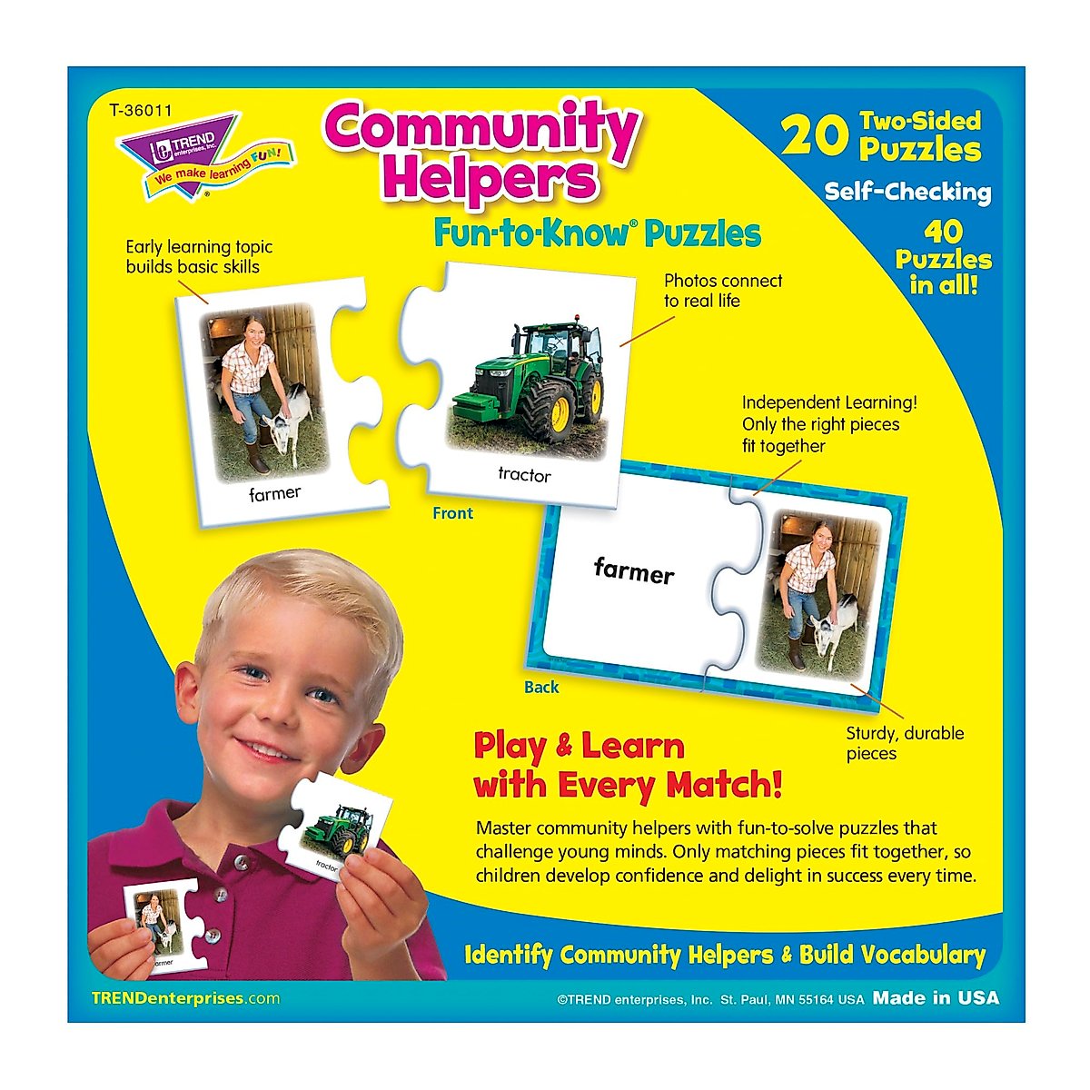 Trend Enterprises: Fun-to-Know Puzzles: Community Helpers, Learn About Community Helpers & Their Tools, 20 Two-Sided Puzzles, Self-Checking, 40 Puzzles Total, for Ages 3 and Up