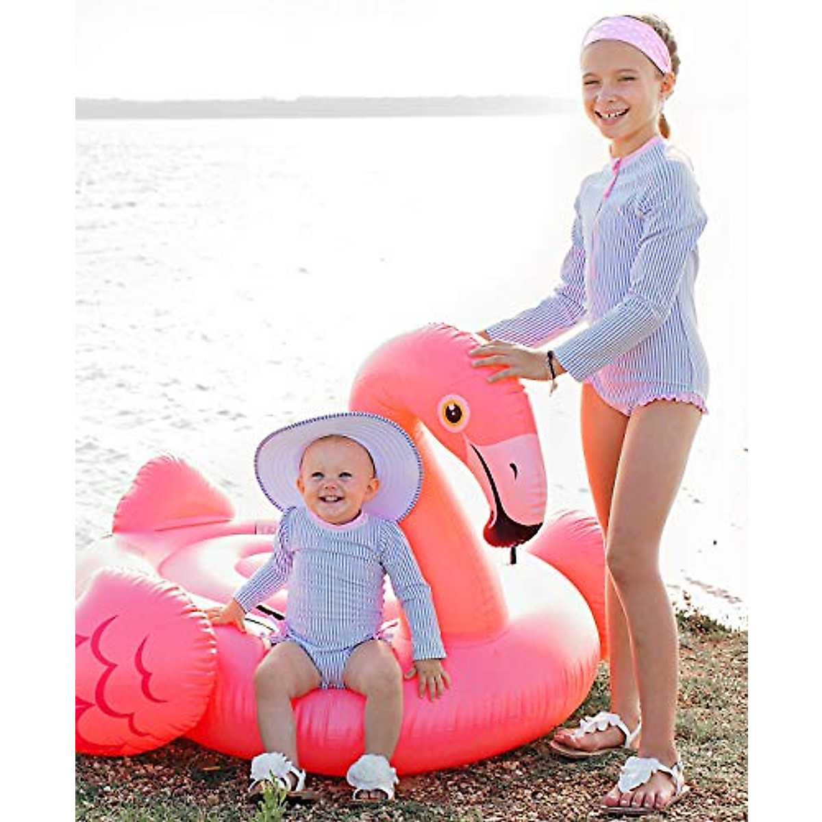 RuffleButts® Baby/Toddler Girls Long Sleeve One Piece Swimsuit - Blue Seersucker with UPF 50+ Sun Protection - 6-12m