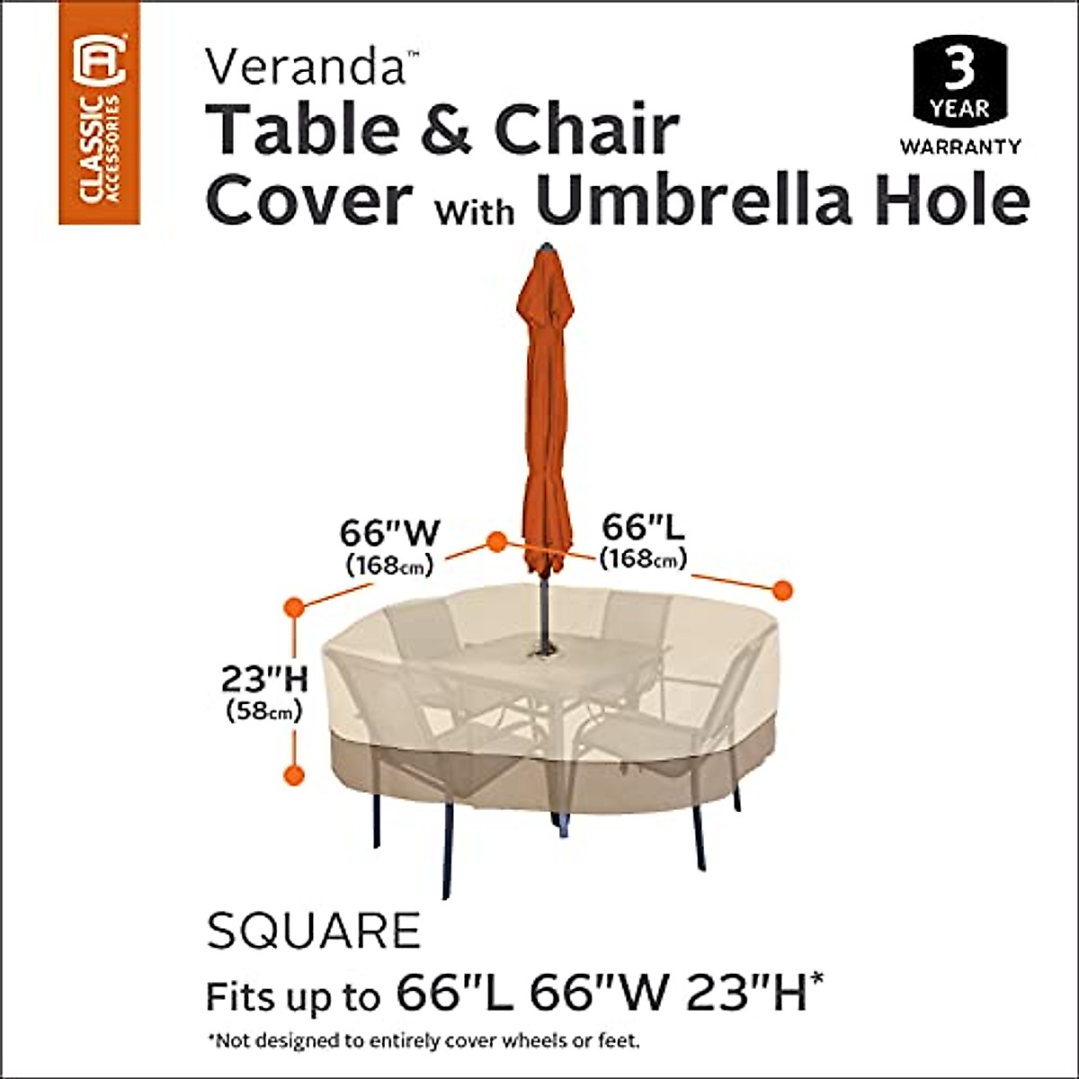 Classic Accessories Veranda Water-Resistant 66 Inch Square Patio Table & Chair Set Cover with Umbrella Hole, Outdoor Table Cover, Pebble