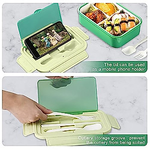 Landmore Bento Box Lunch Box for Kids Adults, 1100 ML Bento Lunch Box for Kids 3 Compartments with Utensils and Lunch Bag, Leakproof BPA Free(Green)