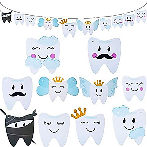 Aduck Baby Shower Decorations Tooth Party Banner for Boys or Girls Birthday Party, 10 Different Smilling Tooth Angel Deisgn with Cute Mustache, Cloud and Crown.