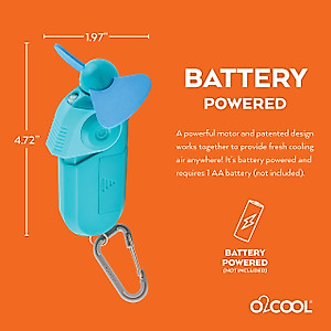 O2COOL Keychain Sport Misting Fan - Pocket Size Battery Powered Portable Fan With Carabiner Clip Small Fan with Mister Handheld Fan Vacation Essentials Hand Fan 2 Pack (Teal)