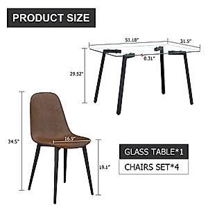 51" Glass Dining Table Set for 4, Small Rectangle Kitchen Room Table with 4 Brown Chairs, Modern Clear Tabletop with Black Metal Legs for Apartment Dining Room Kitchen Living Room