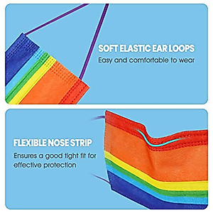 50PCS Disposable Face Mask Rainbow Colors 3-Layer Individually Wrapped Soft Elastic Earloop Nonwoven Fabrics (Random Rainbow Patterns & Colors)