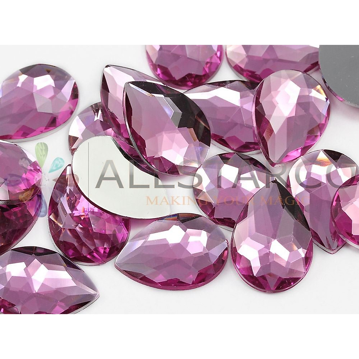Allstarco 18x13mm Flat Back Teardrop Acrylic Rhinestones Plastic Gems for Jewelry Making Costume Jewels Cosplay Card Making Embelishments Crafts - 30 Pieces (Pink H112)