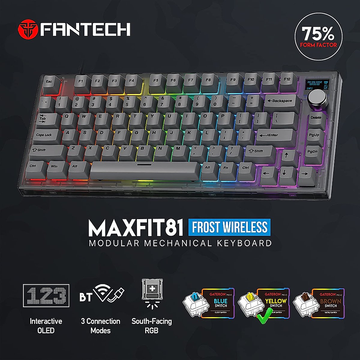 FANTECH MAXFIT81 Mechanical Keyboard PBT Keycaps RGB 75% Gaming Keyboard with Customizable OLED Display & Knob, Hot Swappable Modular Sound Proofing Base, Gateron Yellow Switch, Black