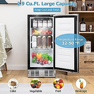 COSTWAY 115 Cans Compact Beverage Refrigerator, 2.9 Cu.ft Drink Cooler with Adjustable Shelves & Stainless Steel Door, 32℉-50℉, Built-in or Freestanding Mini Beverage Fridge for Apart, Office